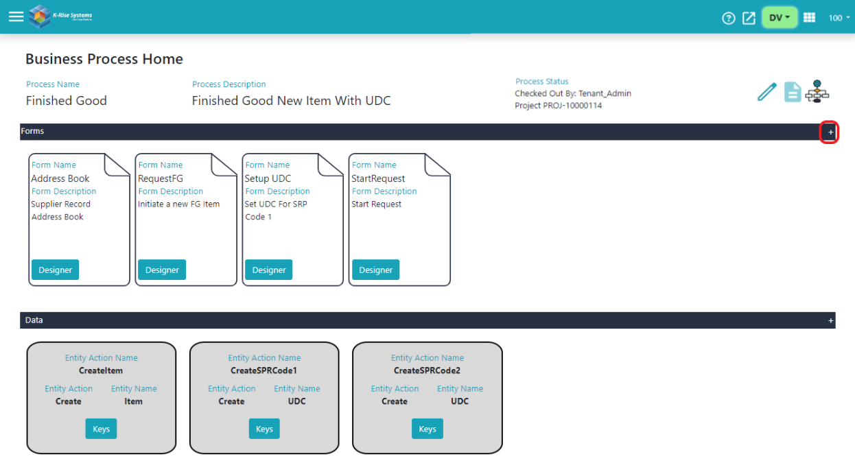 The “Business Process Home” page for the “Finished Good” process, with the new form “+” button ...