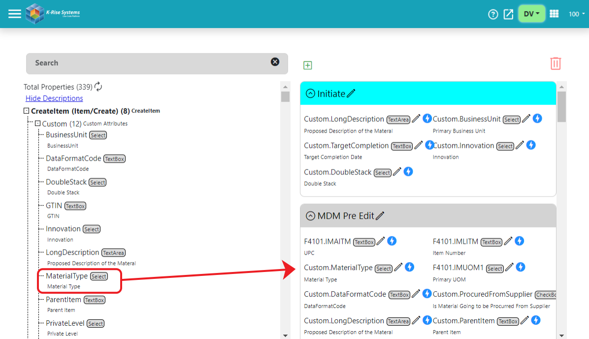 The “Designer” page. The “MaterialType” attribute is dragged from the ...
