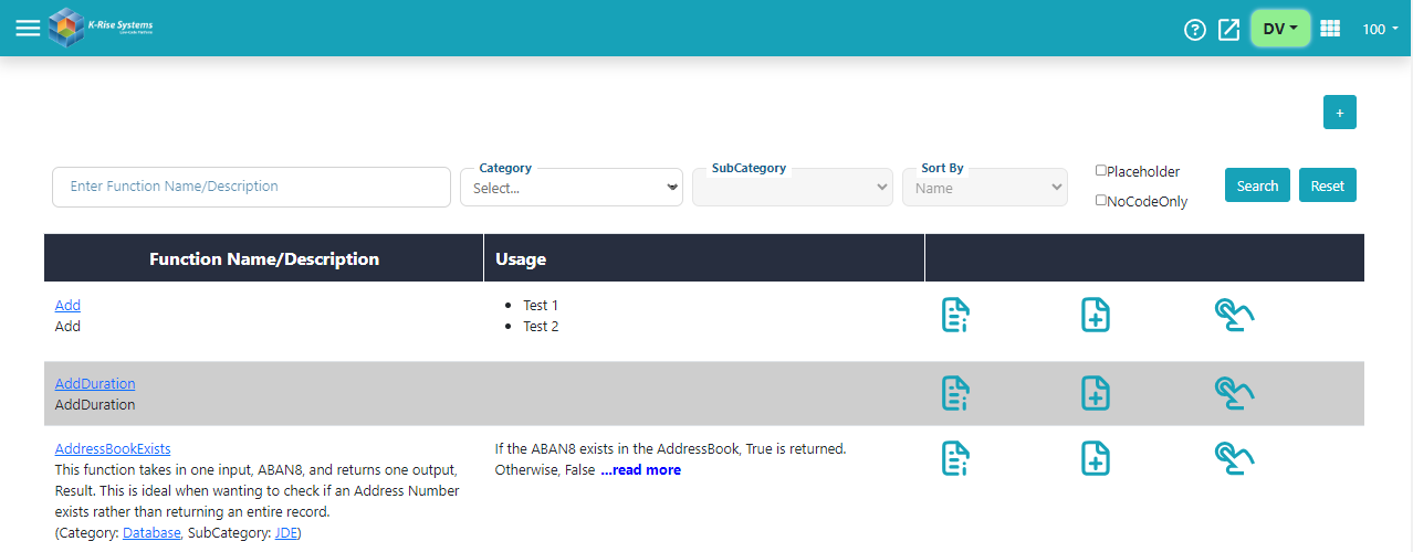 The “Functions” page