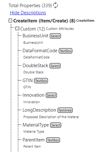 Properties for a “Custom Attributes” table and for the JDE table “Item ...